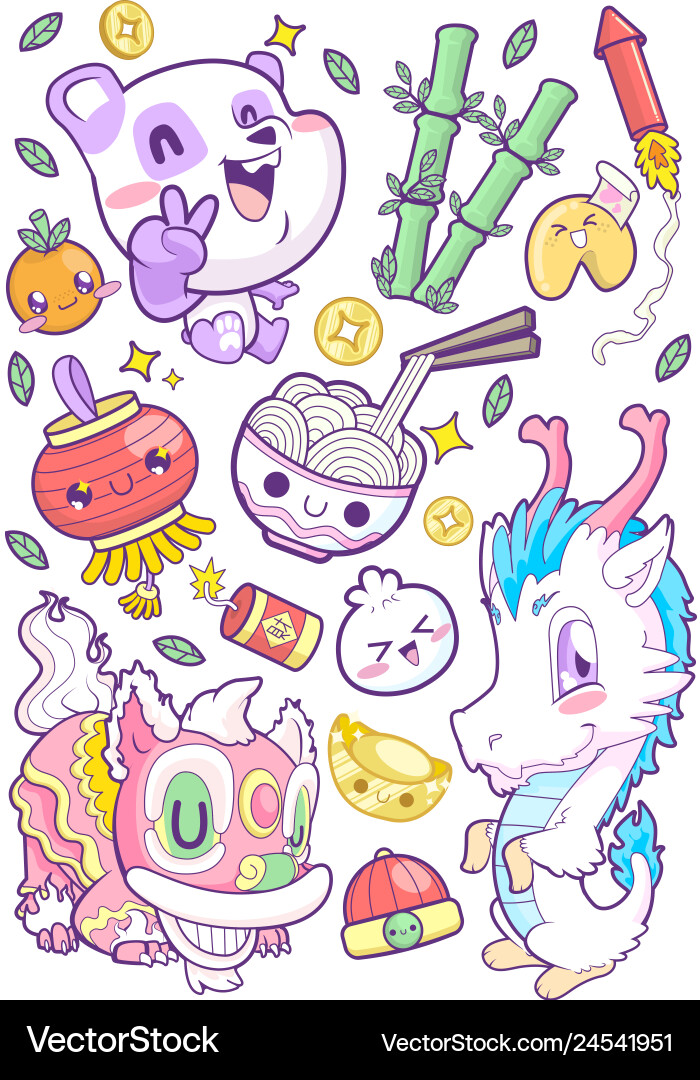 Cute china sticker set doodle Royalty Free Vector Image