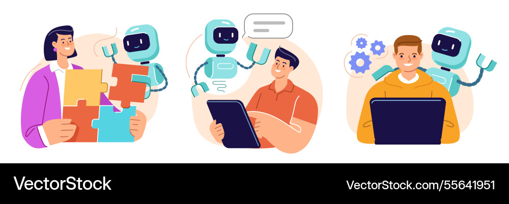 Human interacts with robot ai assistant Royalty Free Vector