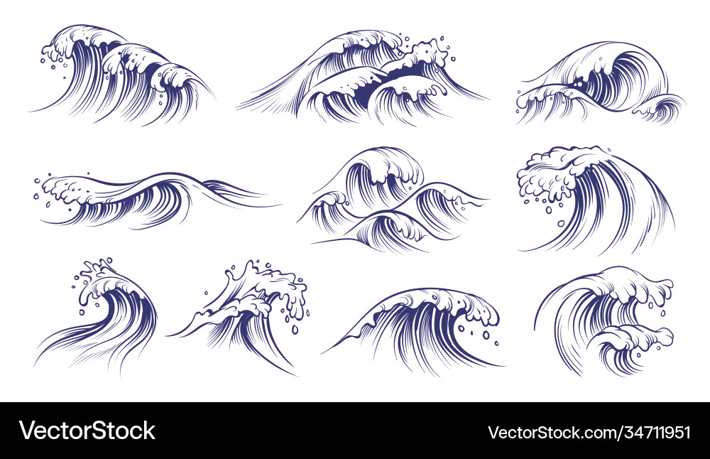 Ocean hand drawn waves sketch style sea Royalty Free Vector