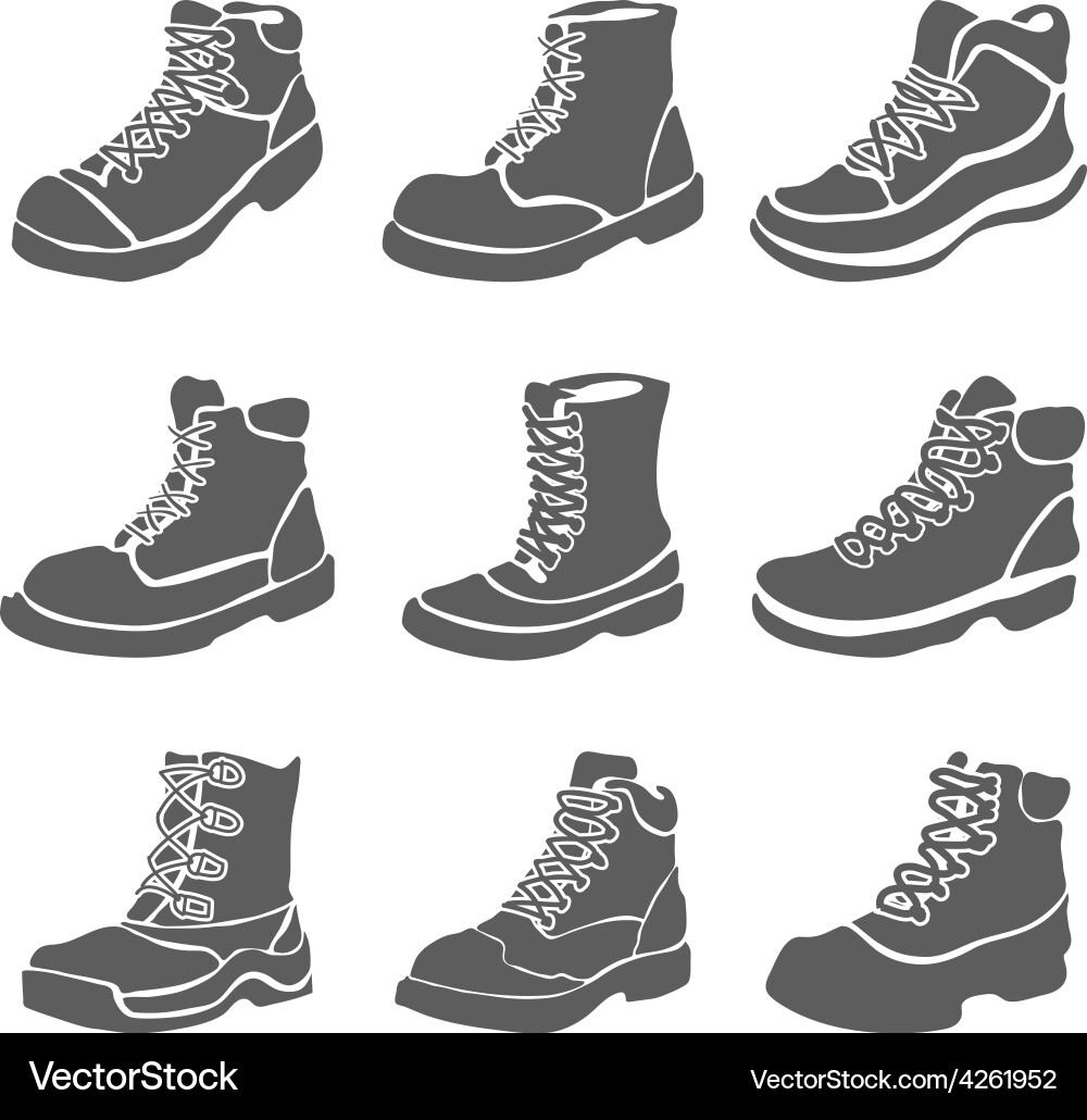 Set of nine different boots isolated on white Vector Image
