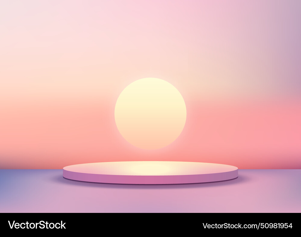 3d round pink platform with a scenic sunset Vector Image