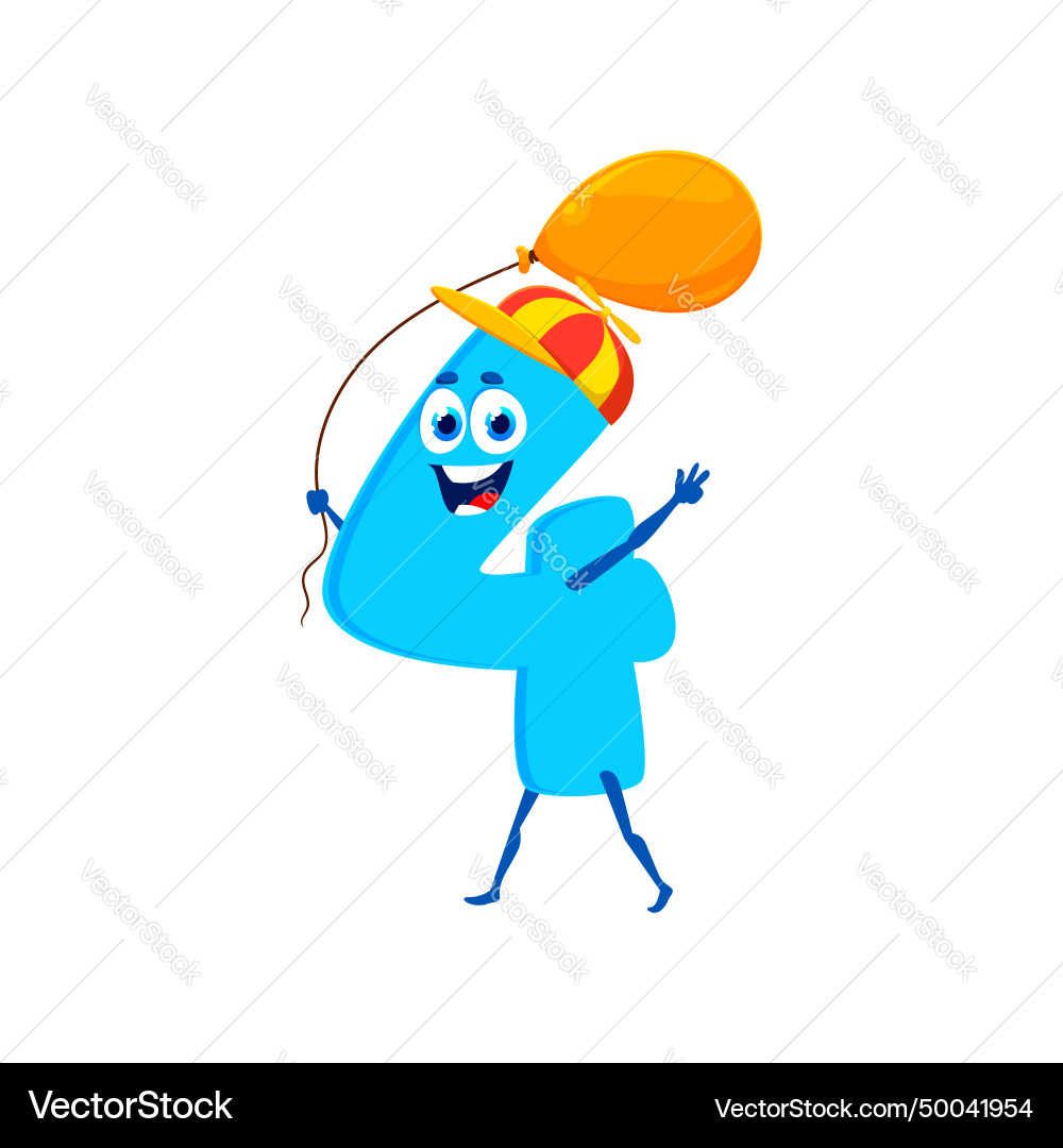 Cartoon math number four character with balloon Vector Image