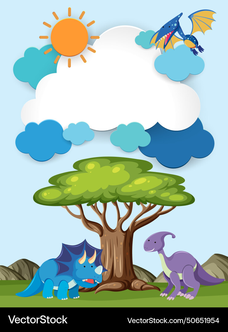 Colorful dinosaurs under a tree with flying Vector Image