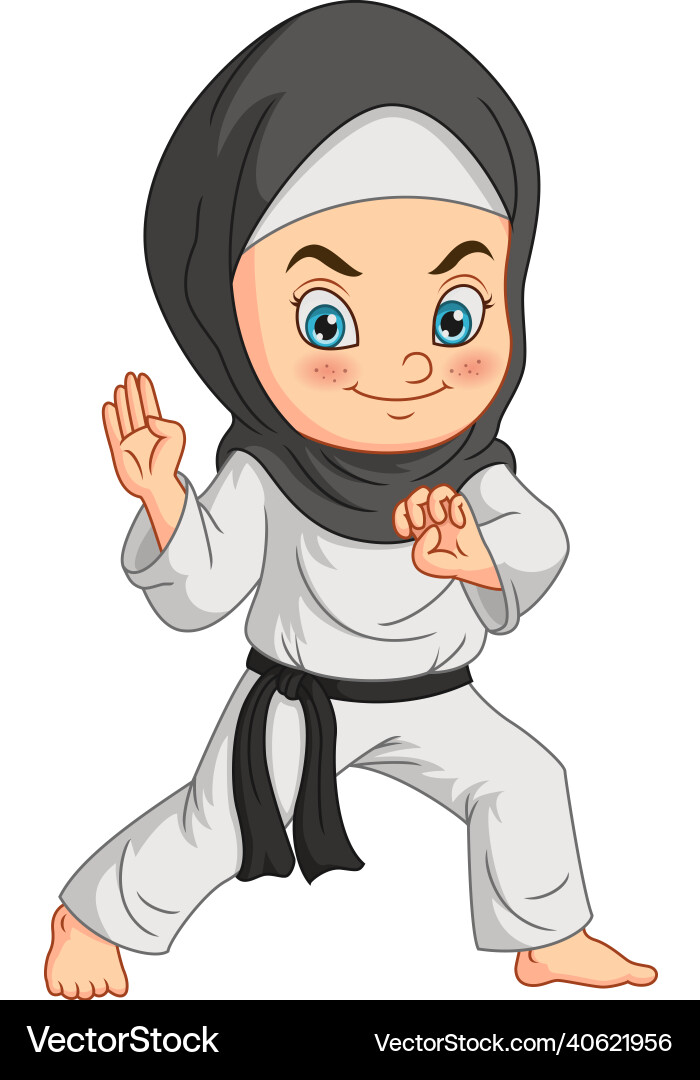 Cartoon muslim girl doing practicing karate Vector Image
