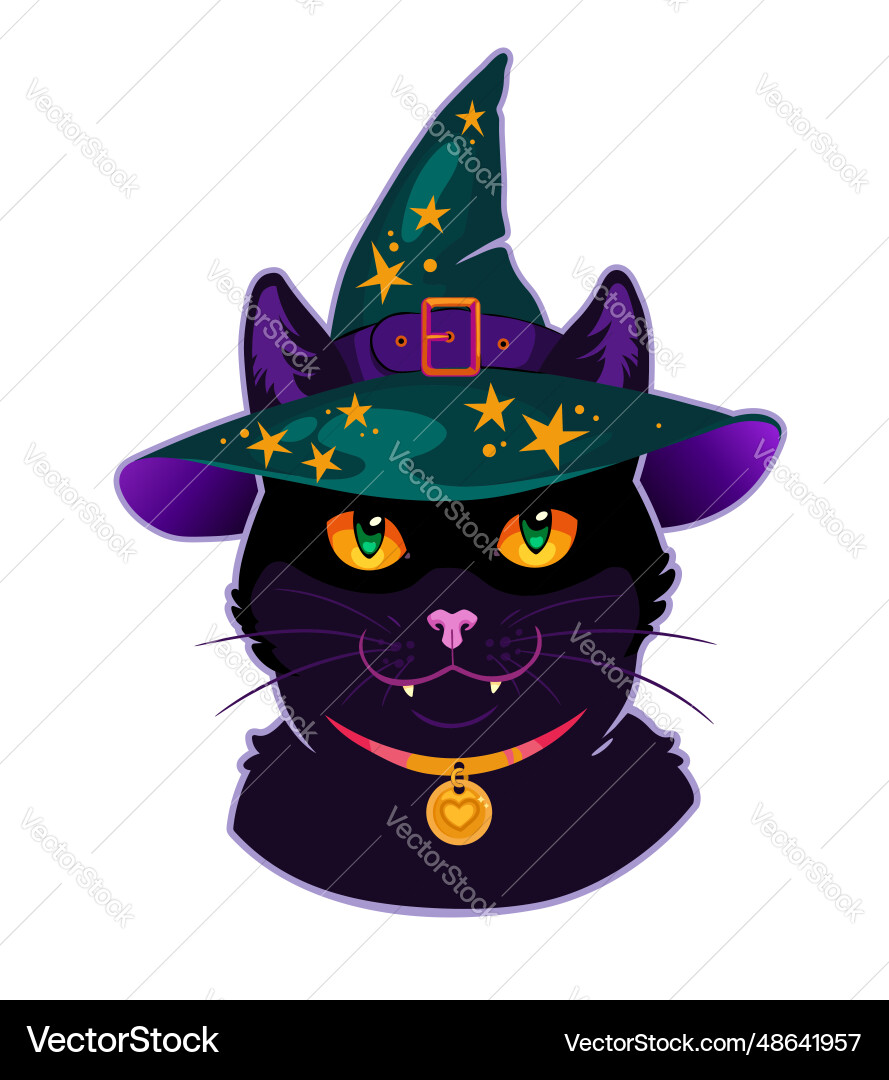 Cute Black Cat in Witch Hat Royalty Free Vector Image