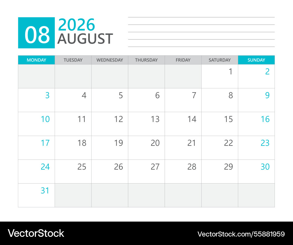 Calendar 2026 template august Royalty Free Vector Image
