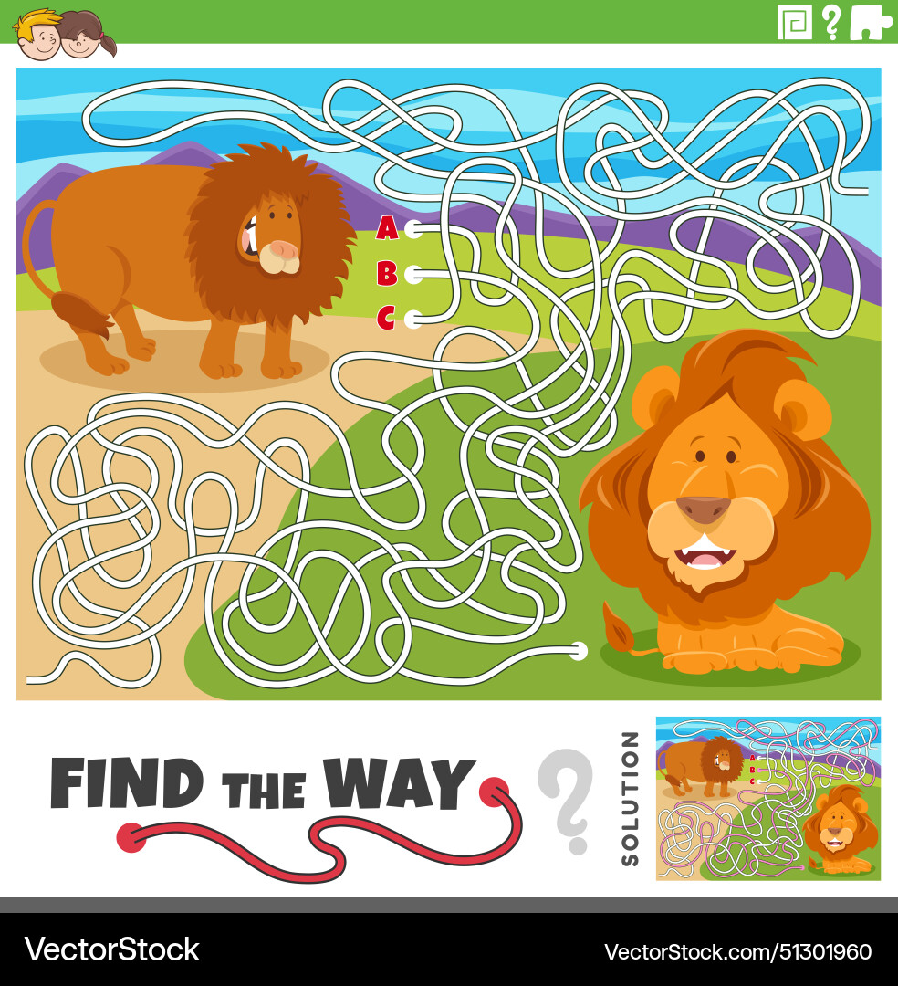Maze game with cartoon lions animal characters Vector Image
