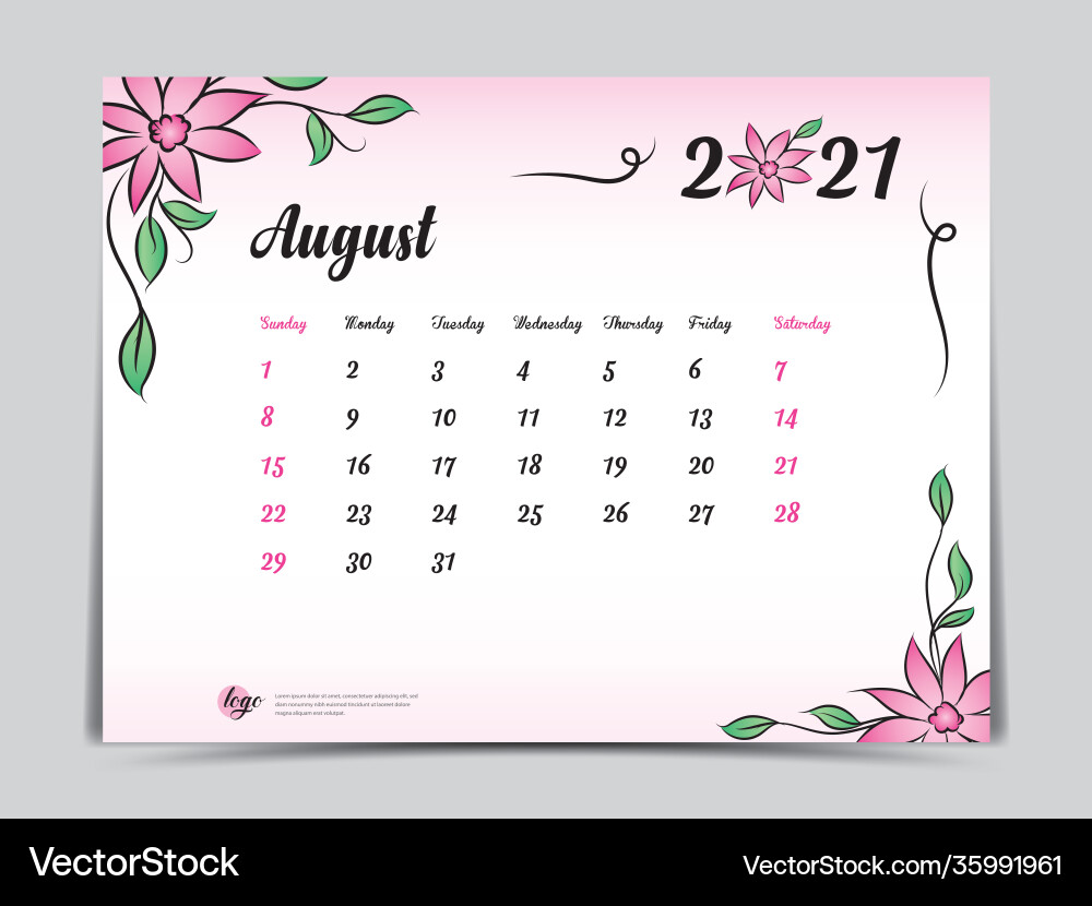 Calendar 2021 template-august Royalty Free Vector Image