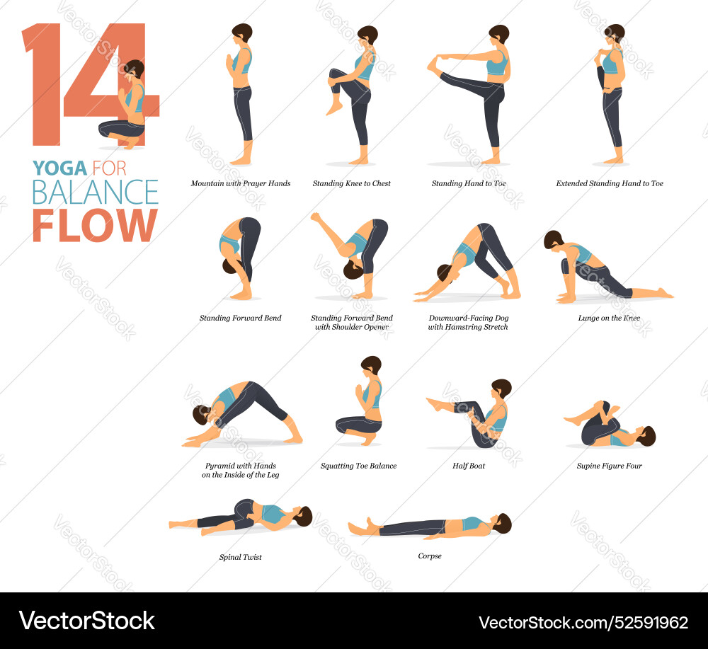 14 yoga pose for workout in balance flow concept Vector Image