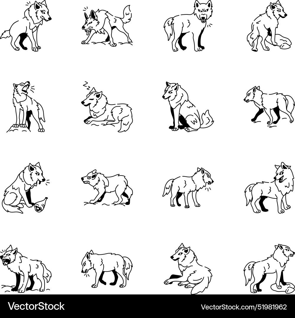 Set of 16 doodle wolf icons Royalty Free Vector Image