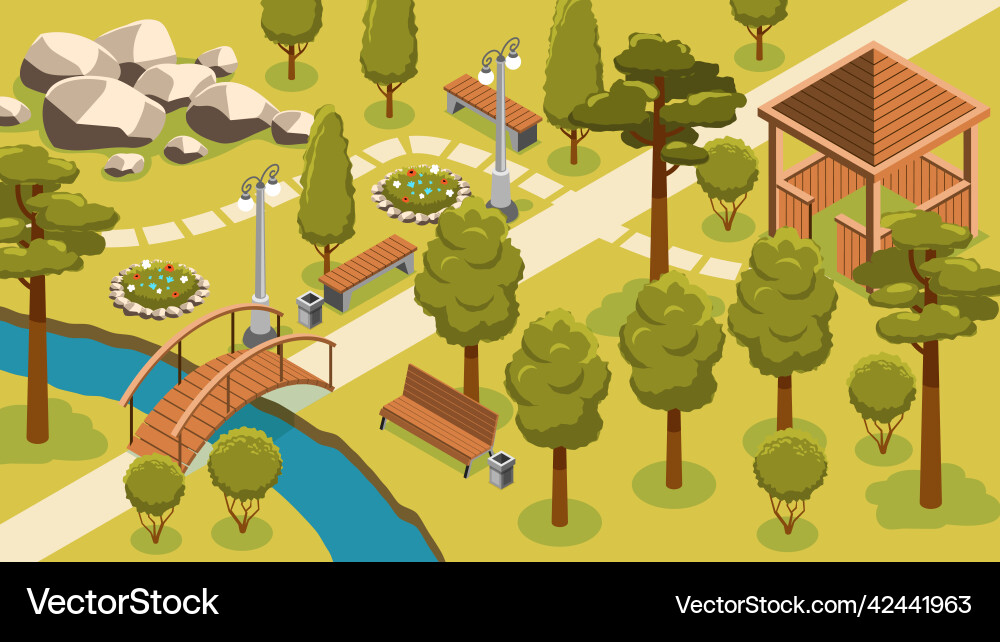 Park landscape isometric composition Royalty Free Vector