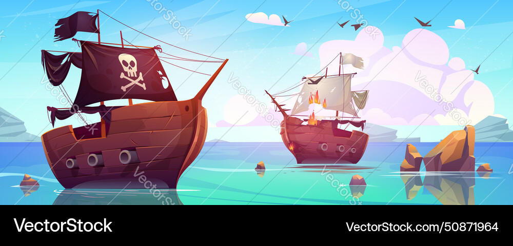 Shipwreck after pirate ship attack Royalty Free Vector Image