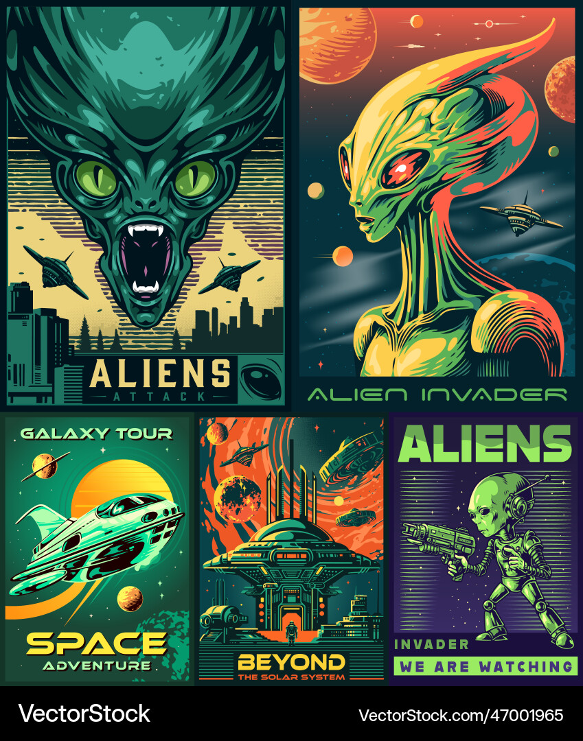 Alien invader colorful set flyers Royalty Free Vector Image