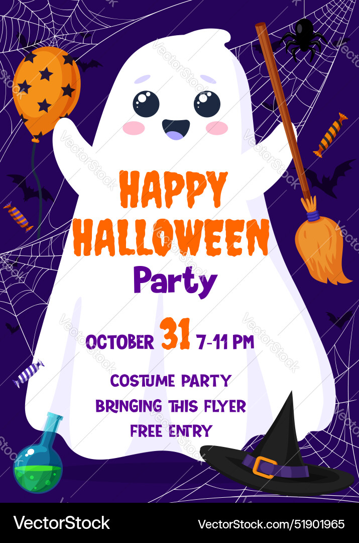 Halloween holiday flyer with cute ghost character Vector Image