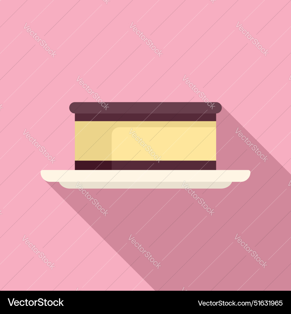Square cake slice is standing on a plate over pink