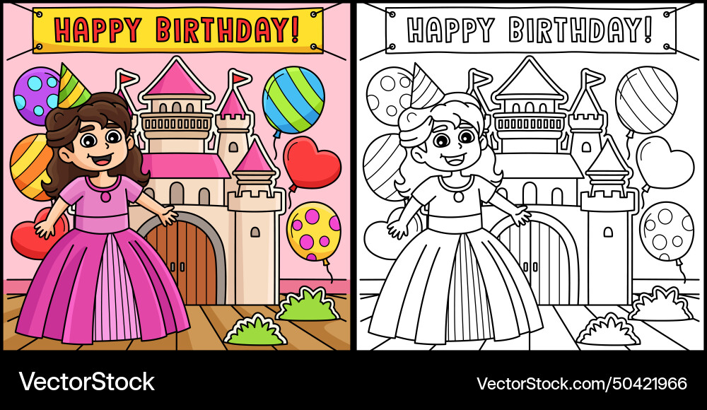 Happy birthday princess coloring page Royalty Free Vector