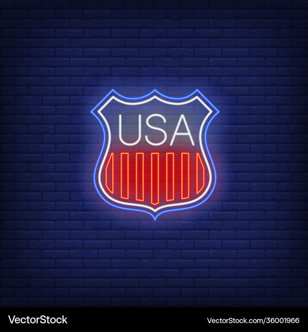 Shield with usa flag stripes neon sign Royalty Free Vector