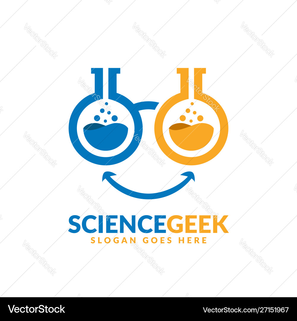 Science geek logo design template two lab beakers Vector Image