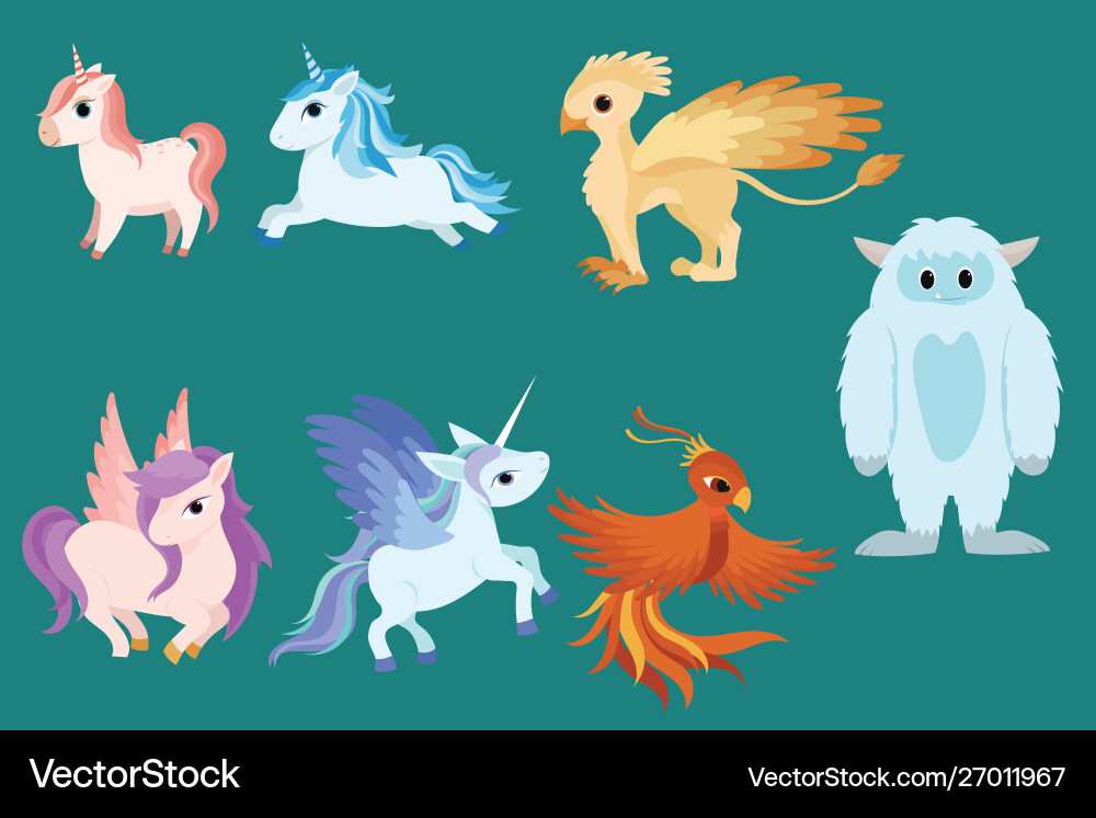 Set mythical animals collection cartoon Royalty Free Vector
