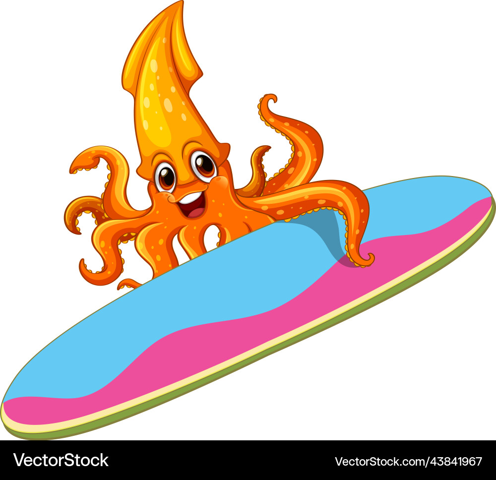 Squid holding a surfboard on white background Vector Image