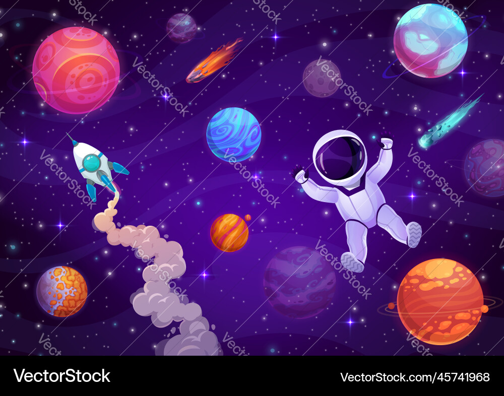 Cartoon astronaut in outer space galaxy landscape Vector Image
