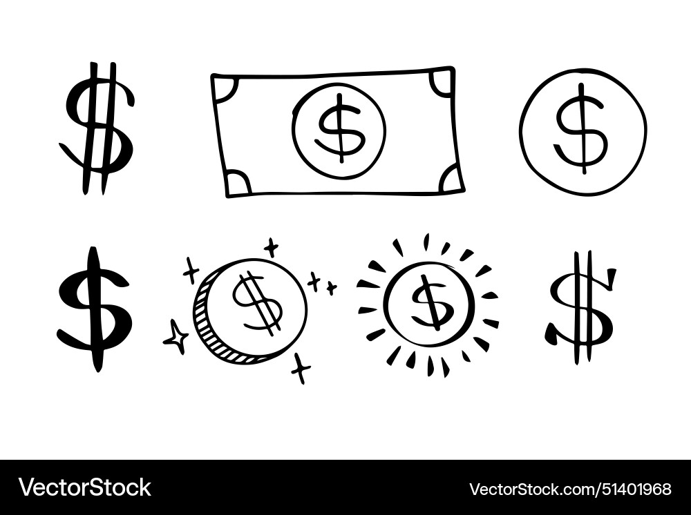 Dollar doodle sign symbol set hand drawn Vector Image