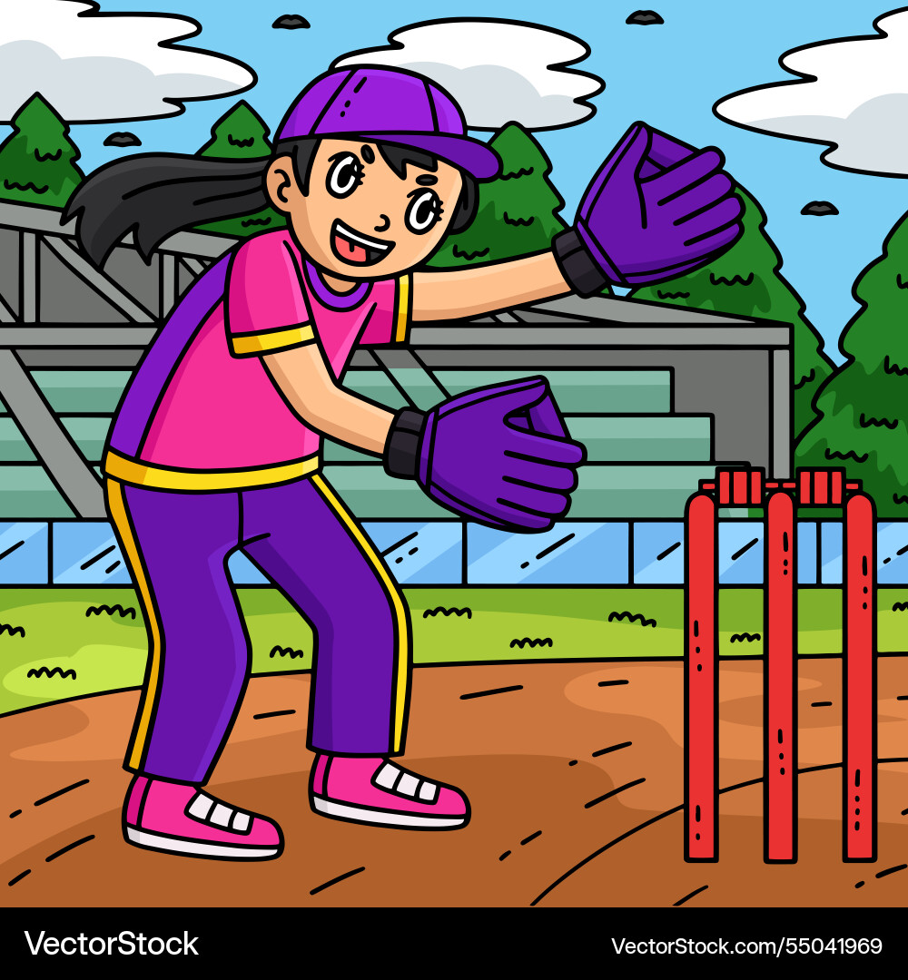Cricket female wicketkeeper colored cartoon Vector Image