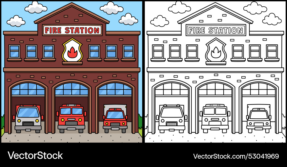 Fire station coloring page colored Royalty Free Vector Image