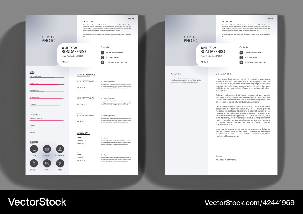 Professional clean modern resume cv and cover Vector Image