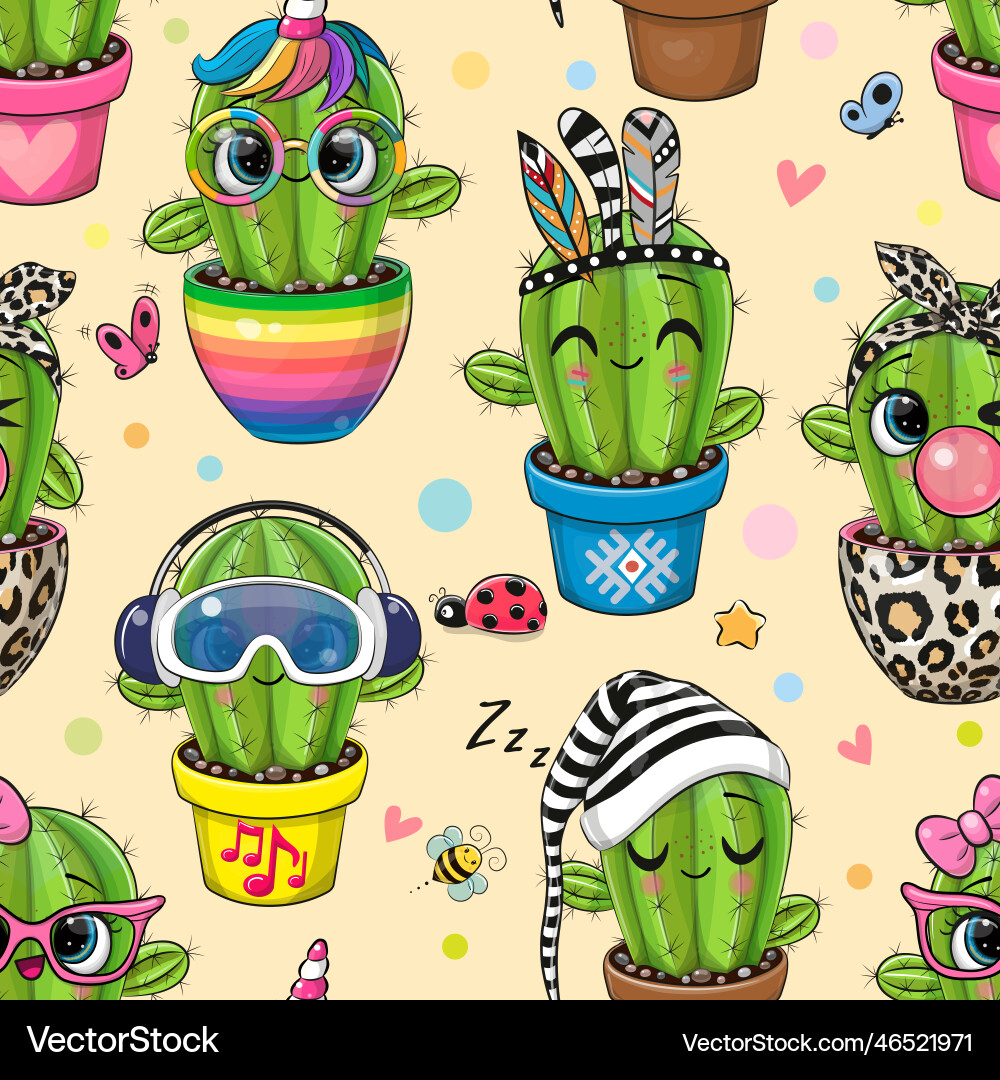 Seamless pattern with cute cacti Royalty Free Vector Image