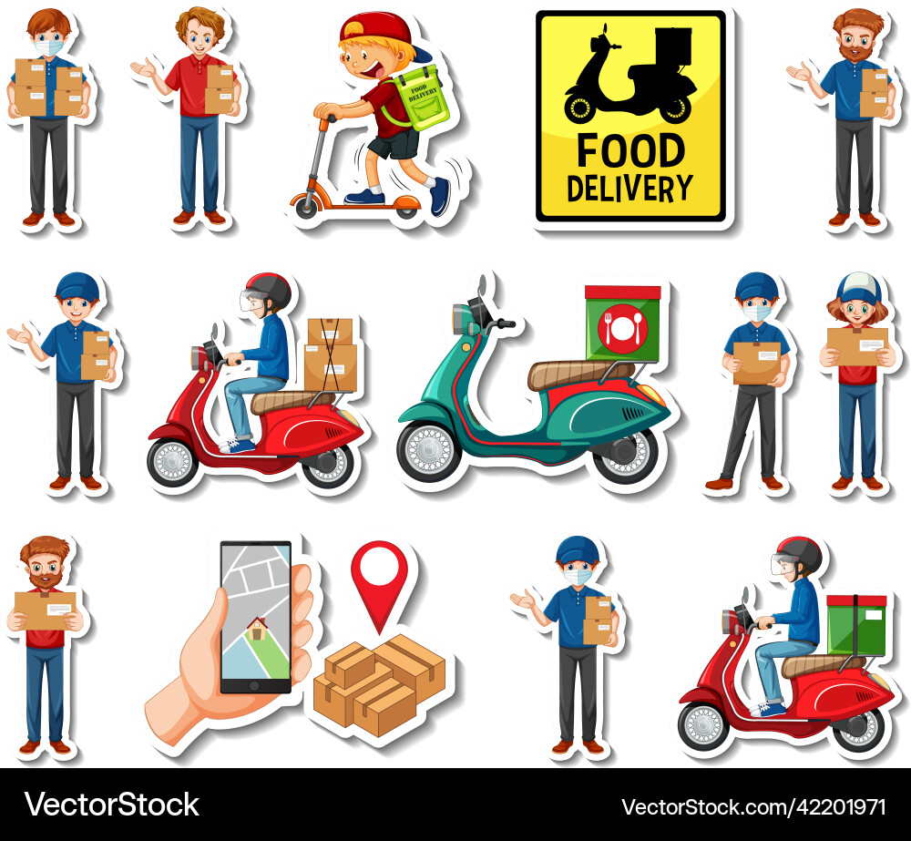 Sticker set of delivery objects and cartoon Vector Image