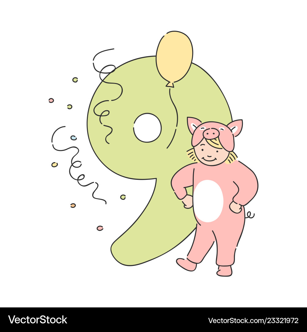 Kid in pig costume number nine 9 Royalty Free Vector Image