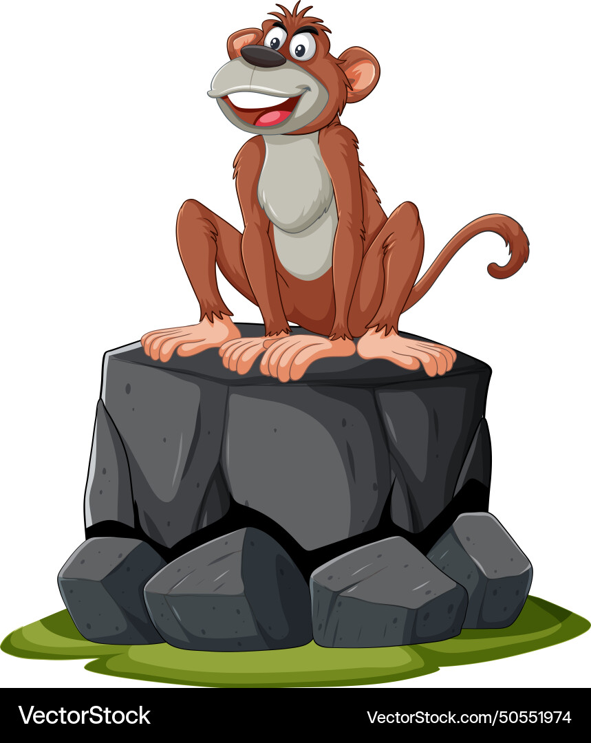 A happy monkey perched atop stone formation Vector Image