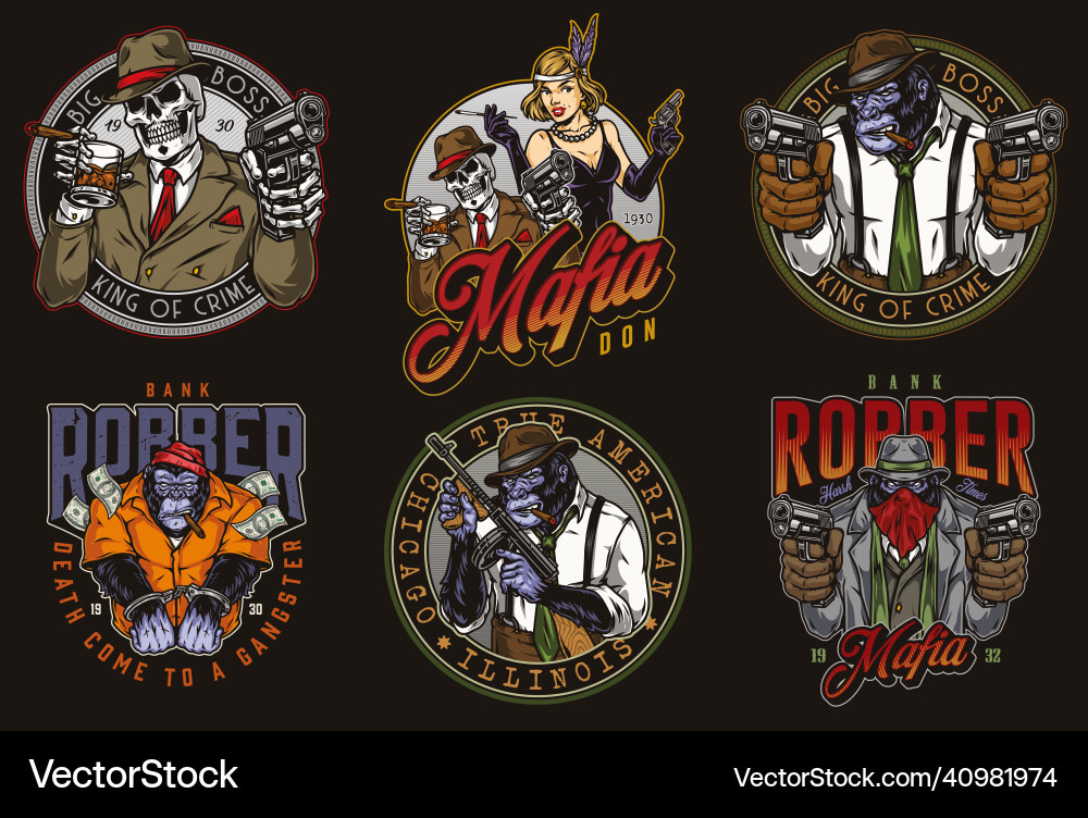 Collection of mafia characters badges Royalty Free Vector