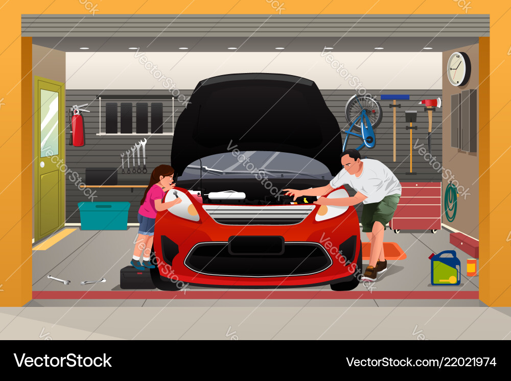 Father daughter repairing car Royalty Free Vector Image