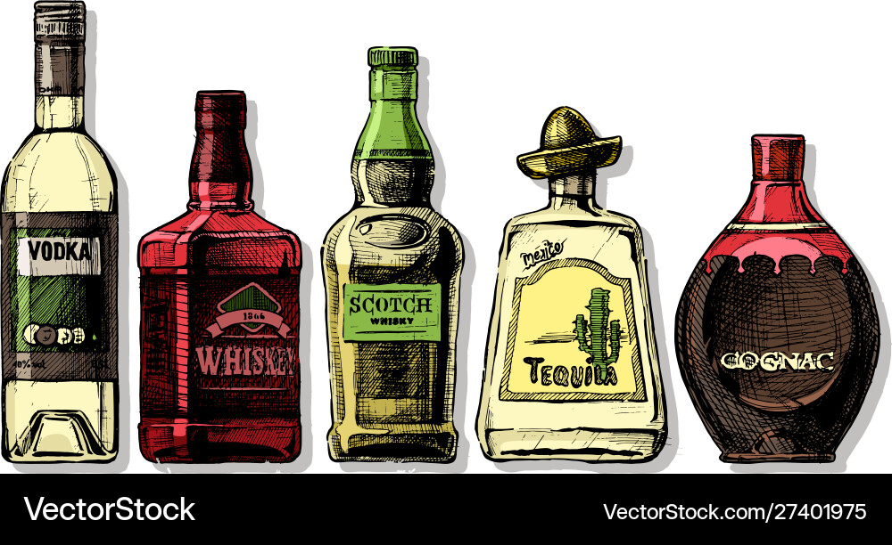 Bottles alcohol distilled beverage Royalty Free Vector Image