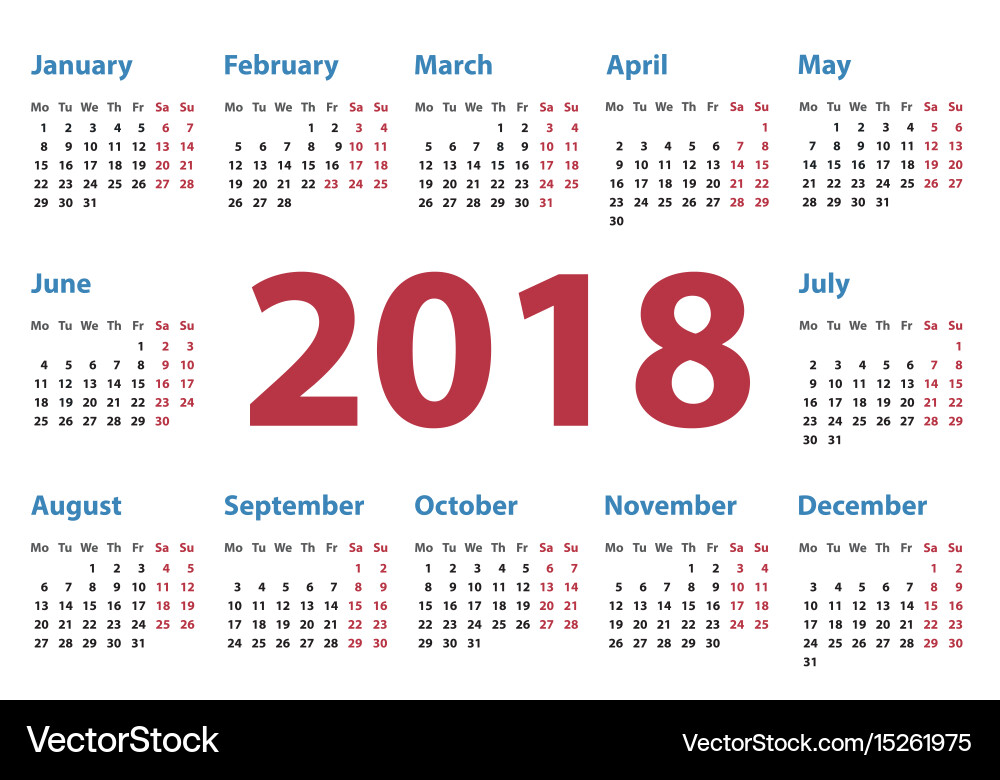 Calendar for 2018 starts monday Royalty Free Vector Image