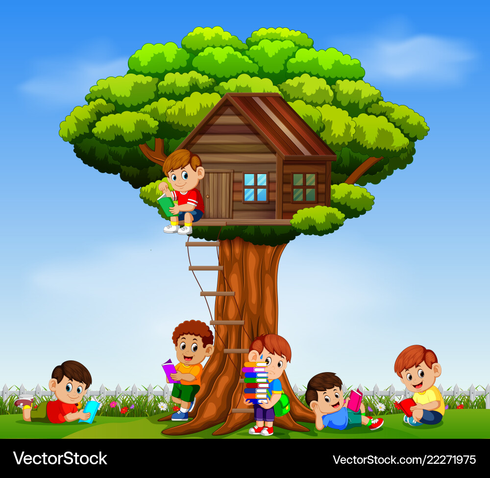 Children playing and reading the book Royalty Free Vector