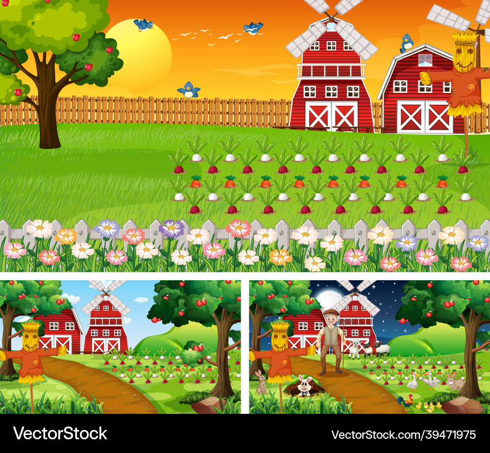 Different farm scenes with animals cartoon Vector Image