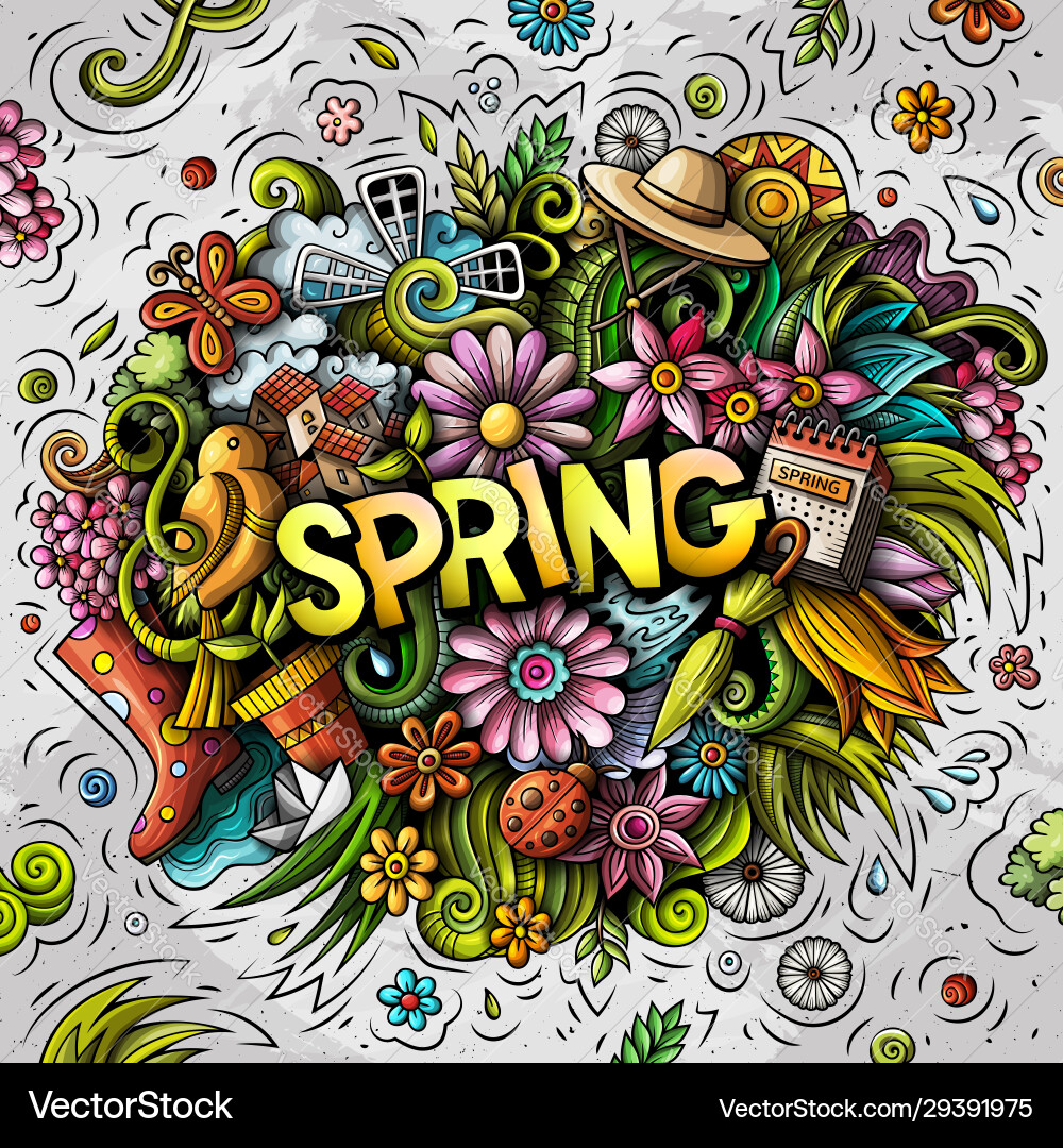 Spring hand drawn cartoon doodles Royalty Free Vector Image