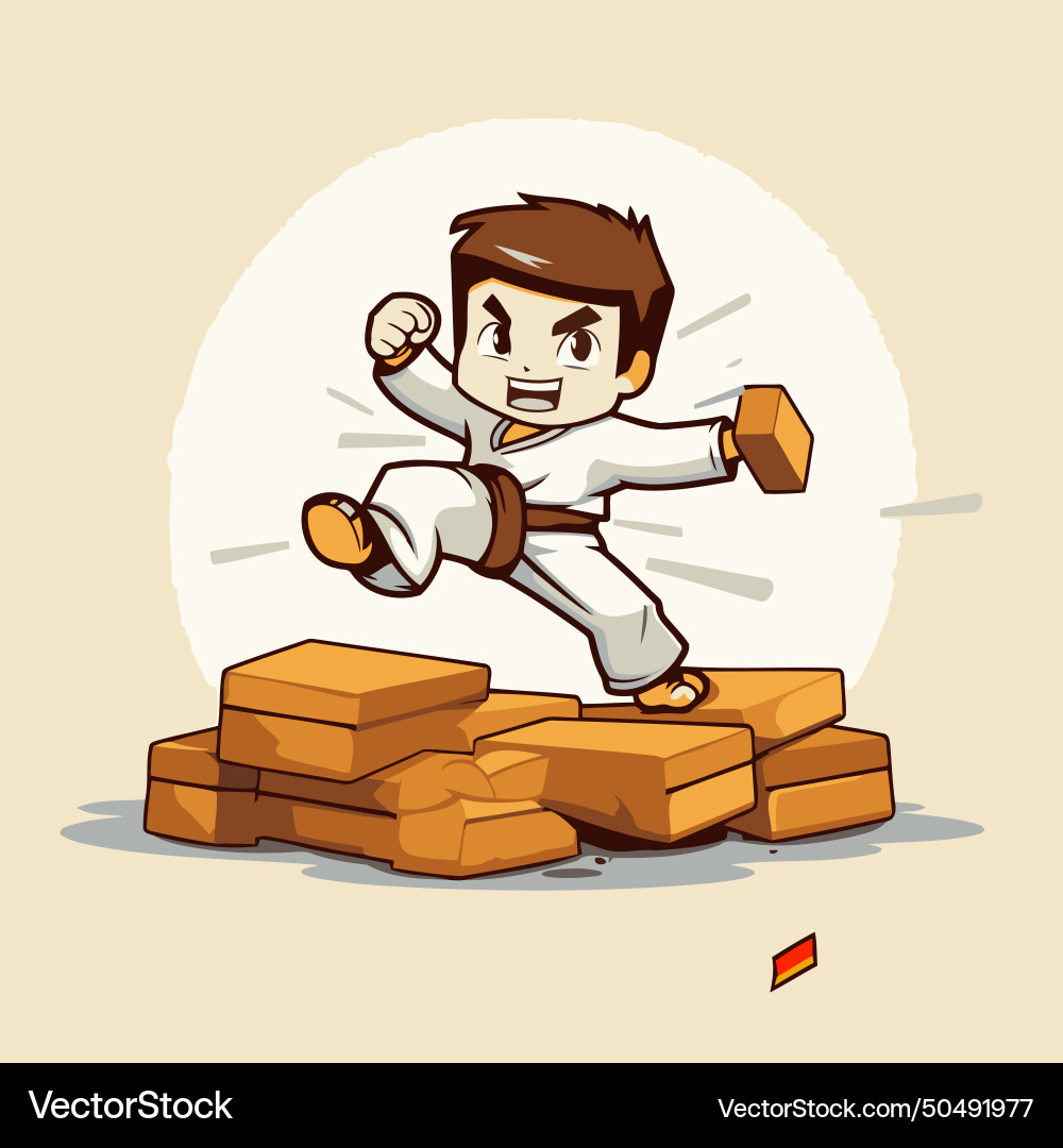 Karate boy jumping over the brick wall cartoon Vector Image