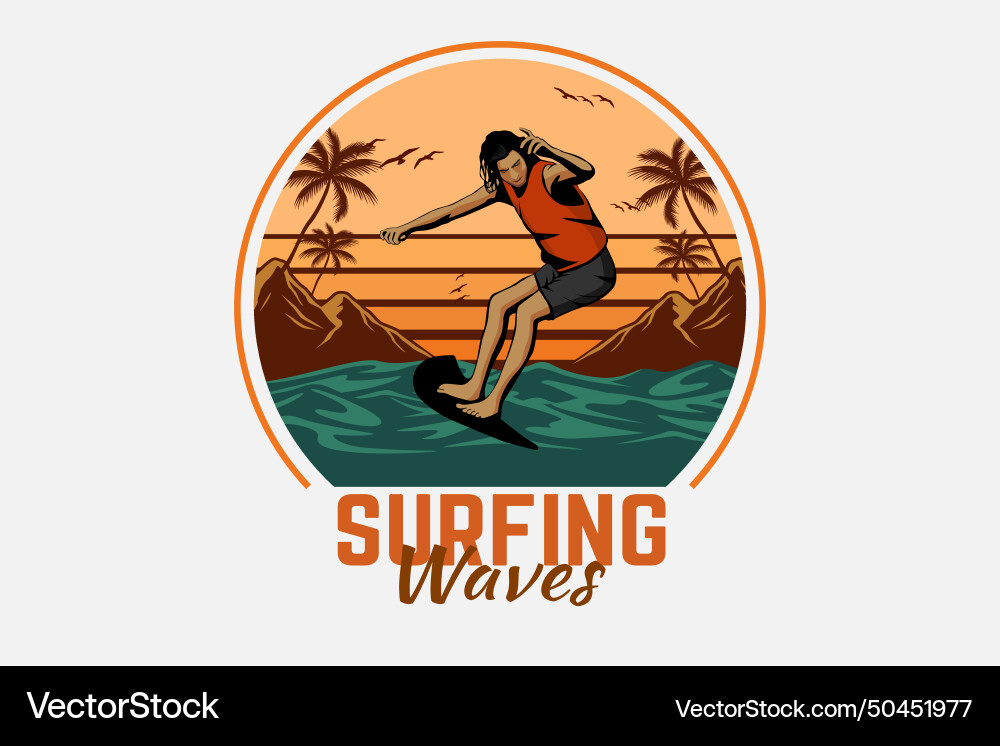 Surfing waves retro vintage design landscape Vector Image