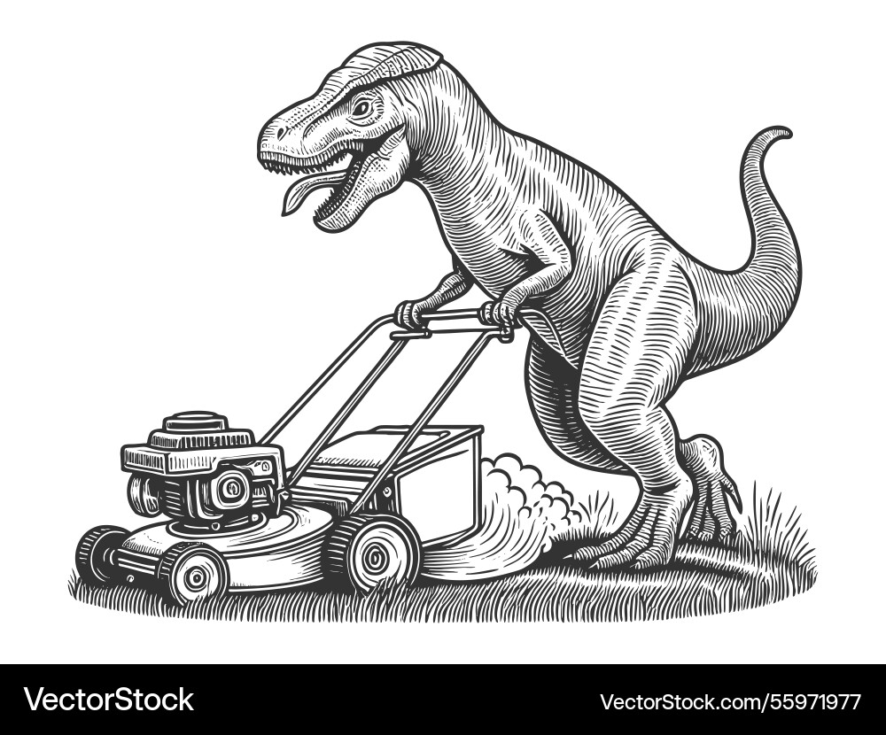 T-rex mowing the lawn with a push mower Royalty Free Vector