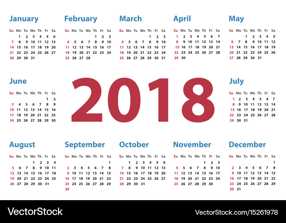 Calendar for 2018 starts sunday Royalty Free Vector Image