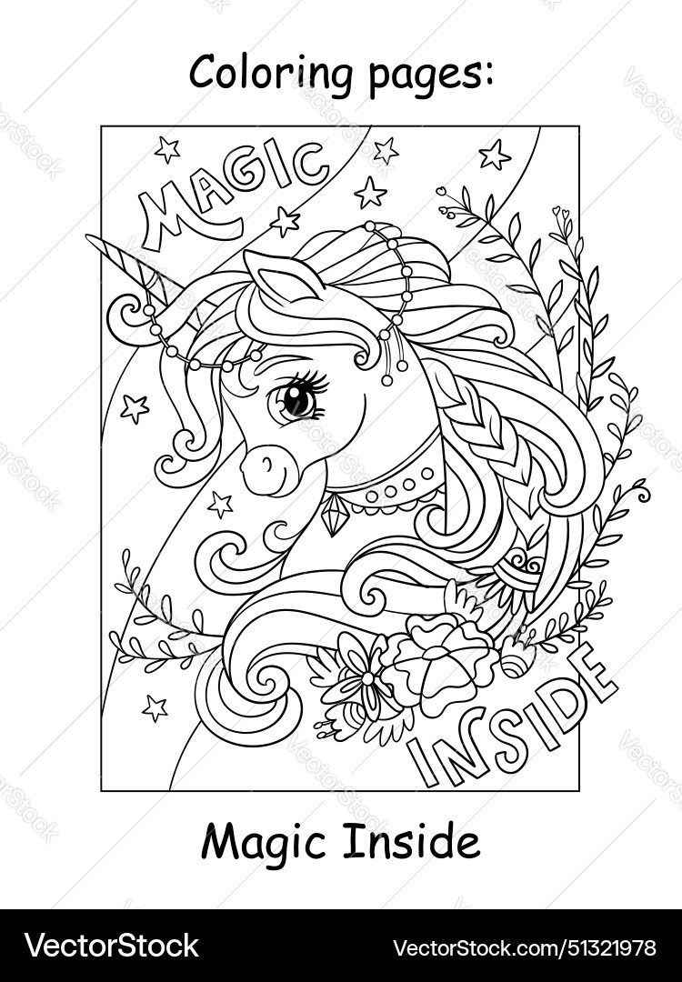 Cute unicorn with lettering magic inside coloring Vector Image