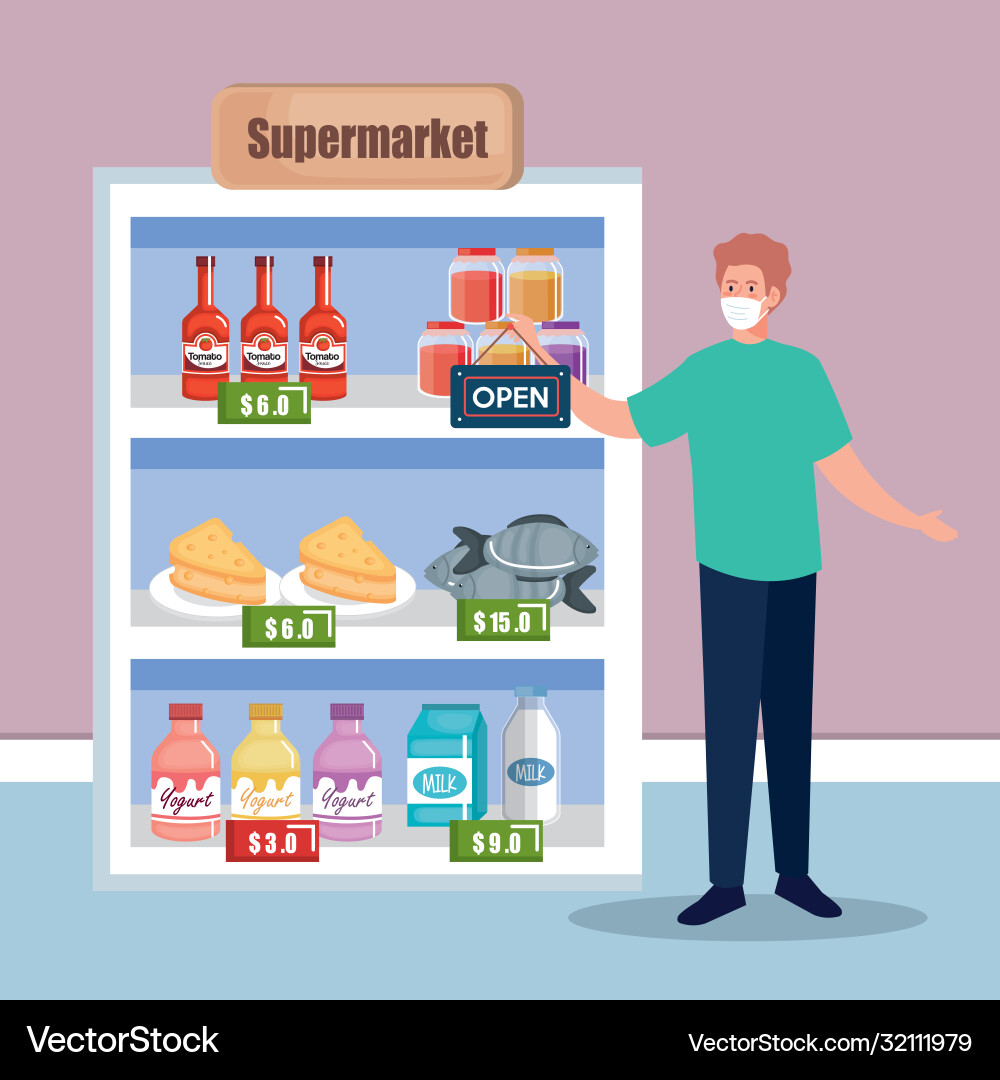 Open again after quarantine man with label Vector Image