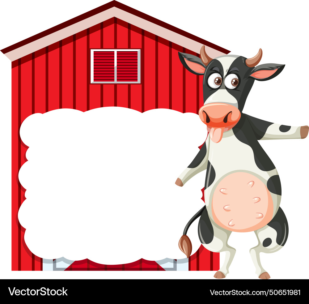 Cartoon cow standing beside a red barn Royalty Free Vector