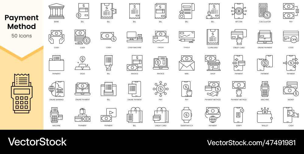 Simple outline set of bill and payment method Vector Image