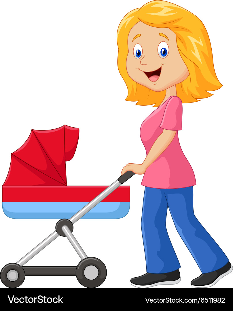 Cartoon a mother pushing baby stroller Royalty Free Vector