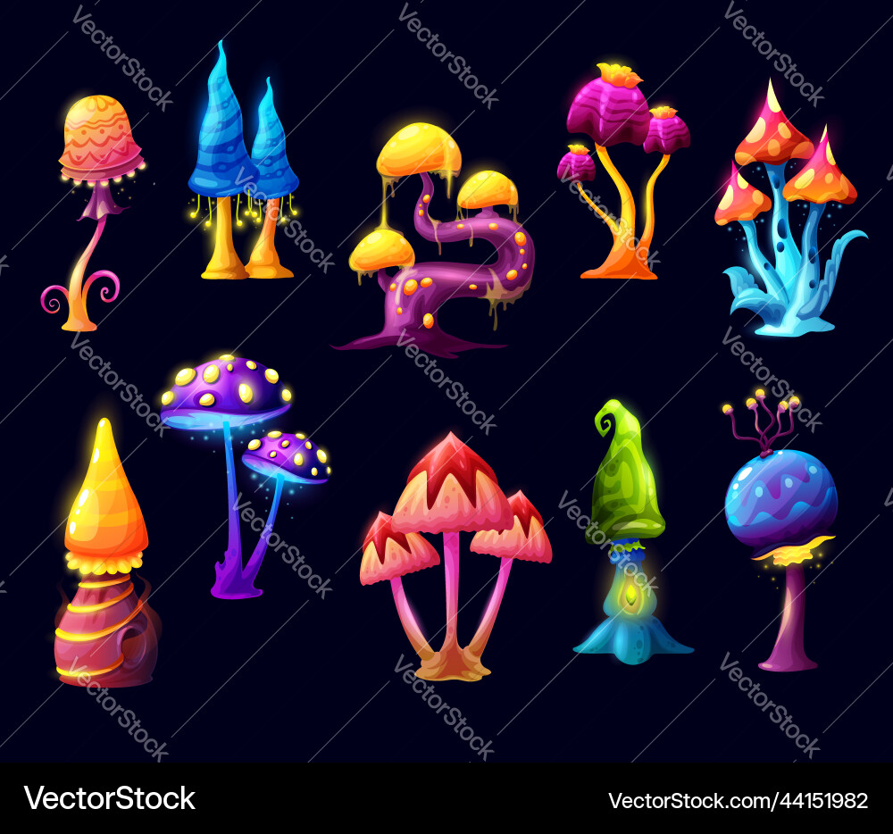 Fairy cartoon mushrooms and luminous toadstools Vector Image
